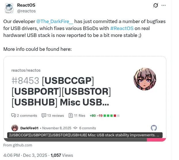 ReactOS Lands Improvements For Its USB Stack - Fixing Various Blue Screens of Death - Phoronix